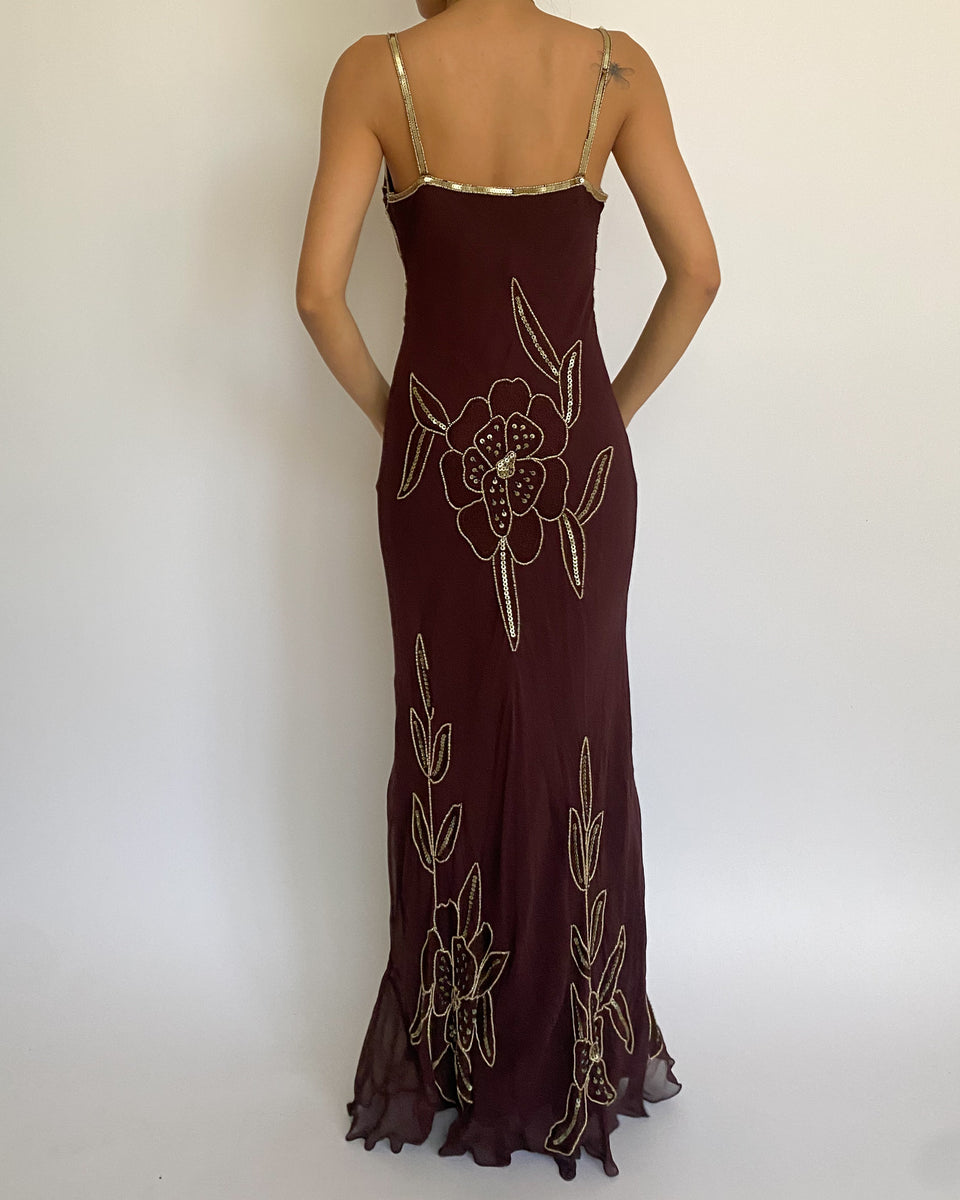 Vintage brown beaded silk dress – Florice